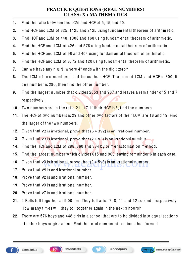 Practice Questions Real Numbers Class X Set 02 1 | PDF | Numbers ...
