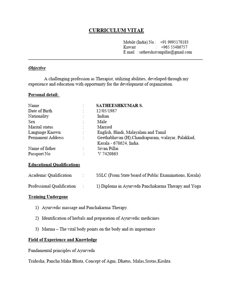 CV Satheesh | PDF | Ayurveda | Massage