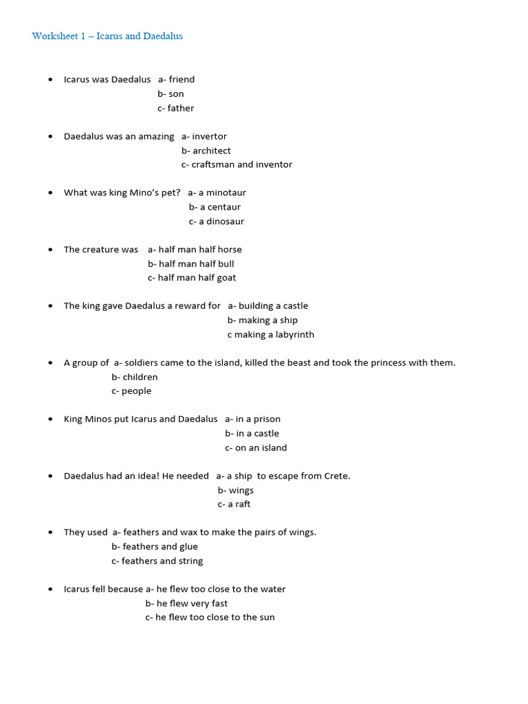 Worksheet 1 Icarus and Daedalus | PDF
