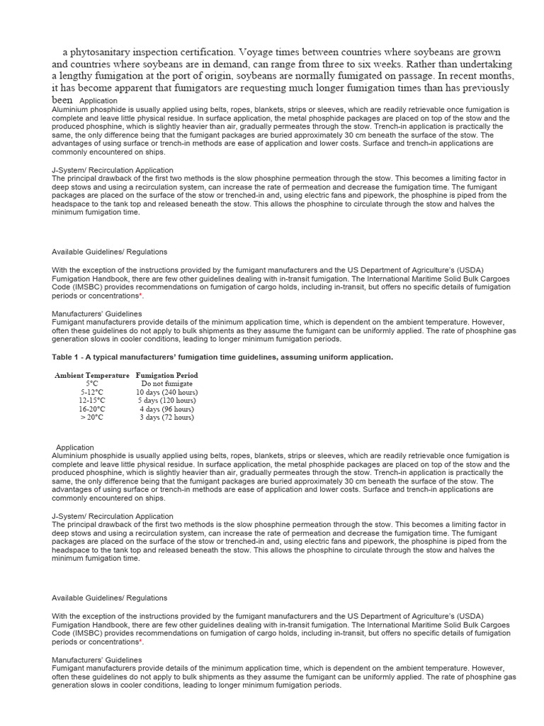 Table 1 - A Typical Manufacturers' Fumigation Time Guidelines, Assuming Uniform Application ...