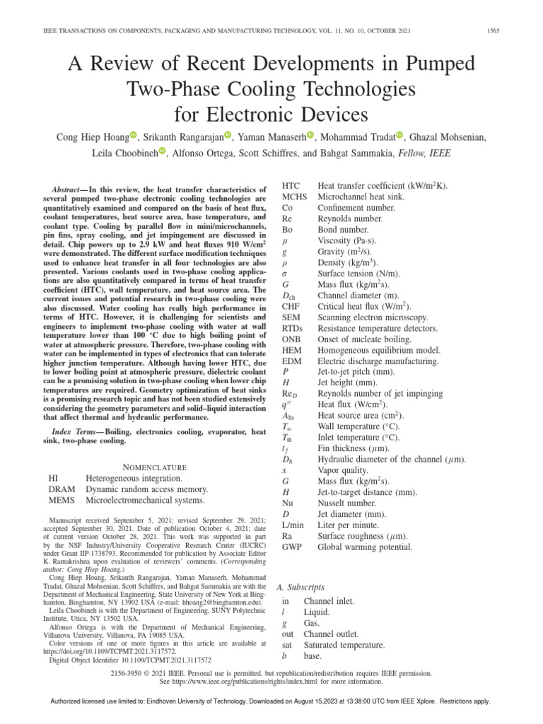A Review of Recent Developments in Pumped Two-Phase Cooling Technologies For Electronic Devices ...