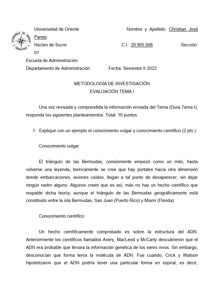 Evaluación Tema I Resuelta Conocimiento y Ciencia (8pts.) | PDF ... Evaluación Tema I Resuelta Conocimiento y Ciencia (8pts.) | PDF ...