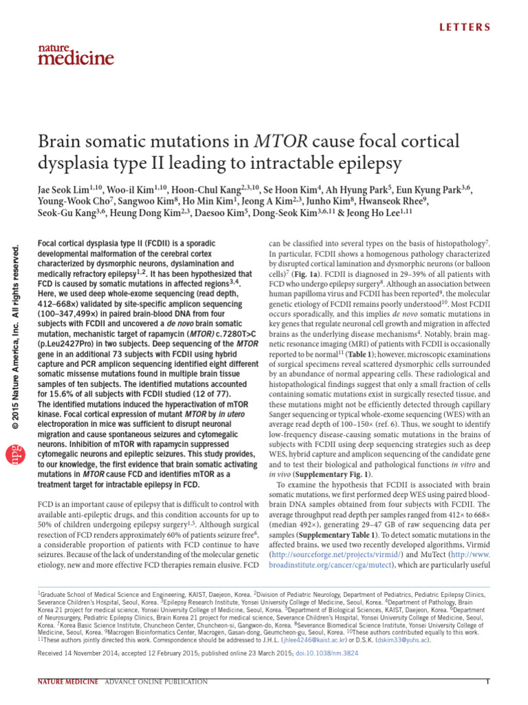 Lim - Brain Somatic Mutations in MTOR Cause FCDII | PDF | Cerebral Cortex | Mutation