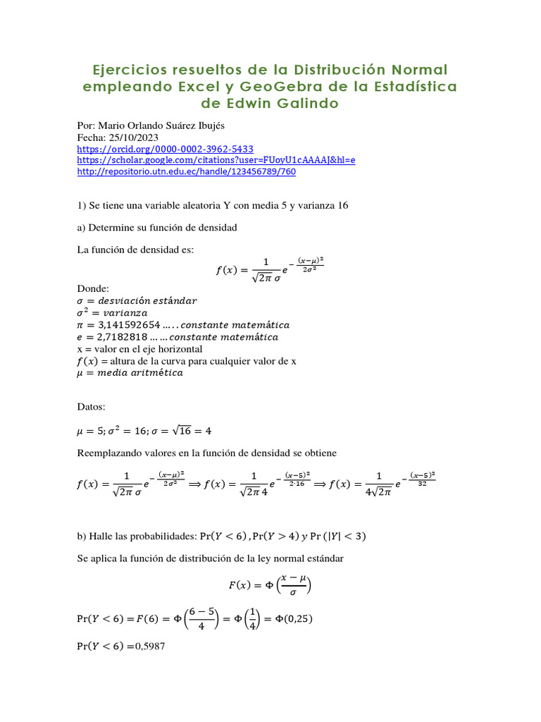 Ejercicios Resueltos de La Distribución Normal Empleando Excel y GeoGebra de La Estadística de ...