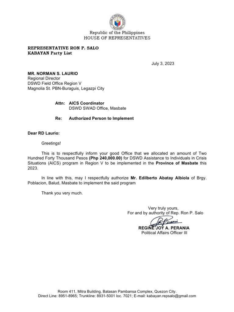 AICS Program Authorization for Masbate | PDF