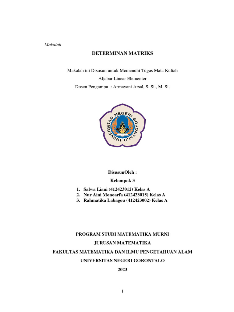 Makalah Determinan Matriks Kelompok 3 | PDF