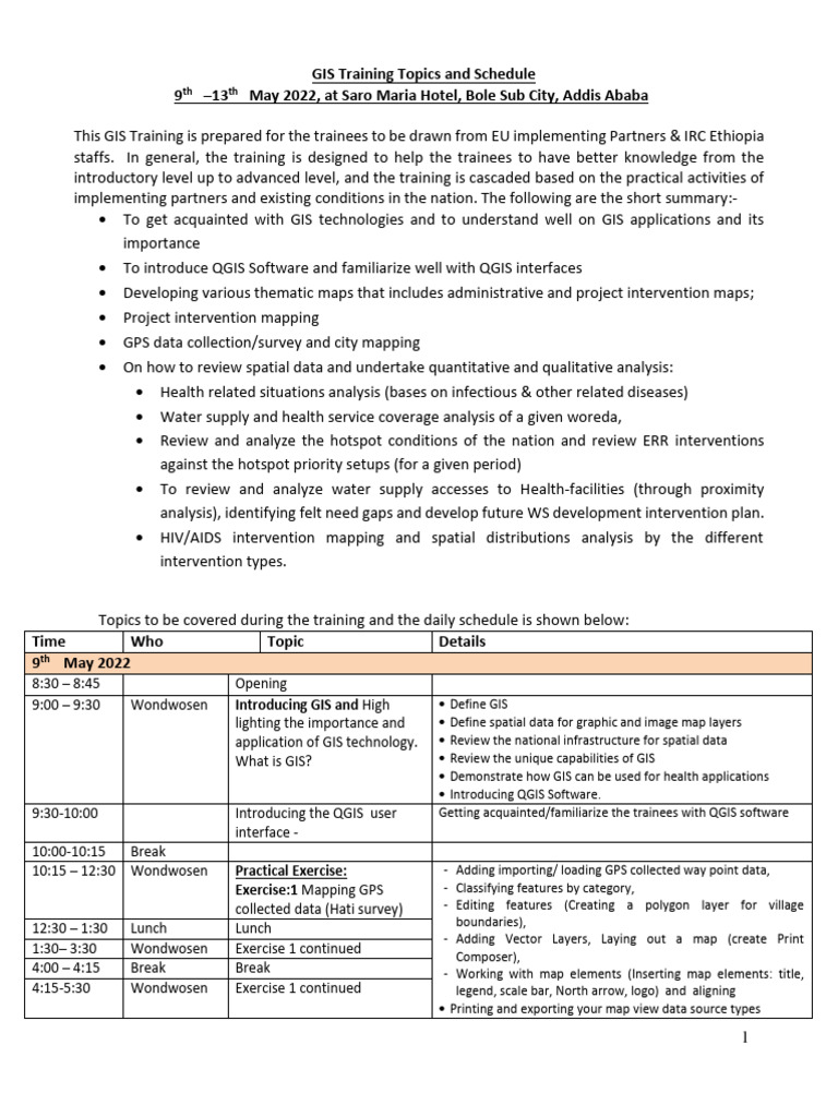 GIS Training Schedule 9th - 13th May 2022 - Saro Maria Hotel | PDF ...