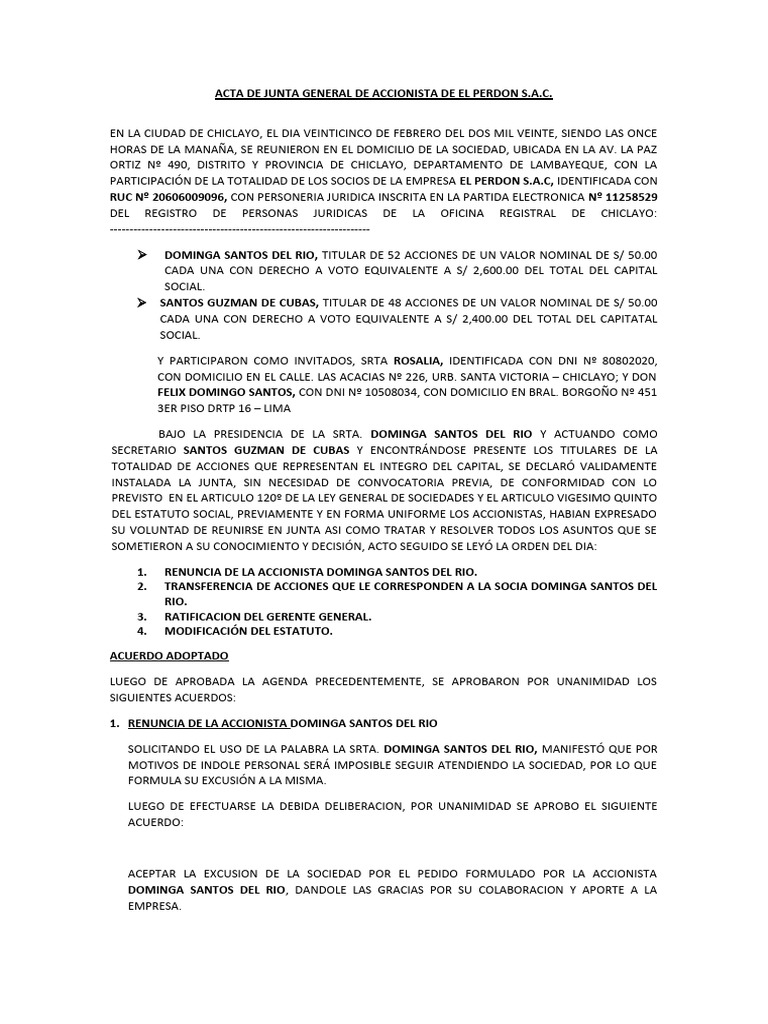 ACTA DE JUNTA GENERAL DE ACCIONISTA DE ZACA Ultimo | PDF ACTA DE JUNTA GENERAL DE ACCIONISTA DE ZACA Ultimo | PDF