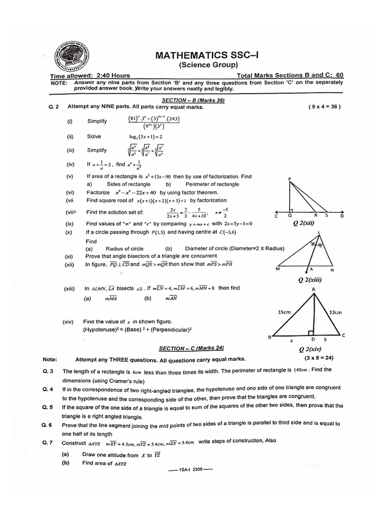 Mathematics SSC-I FBISE 2023 Paper | PDF