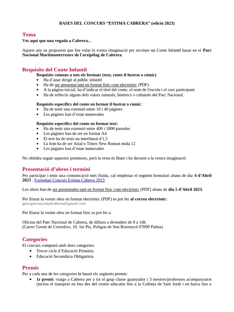Bases Concurs Estima Cabrera 2023 | PDF