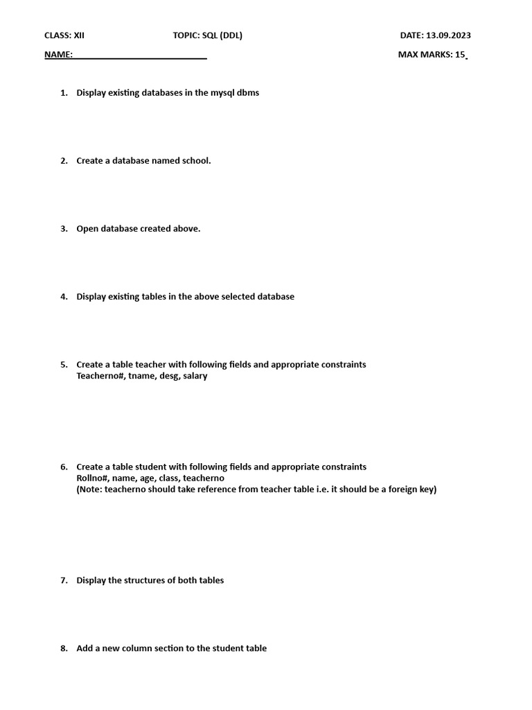 SQL DDL Exercises for Class XII | PDF | Career & Growth