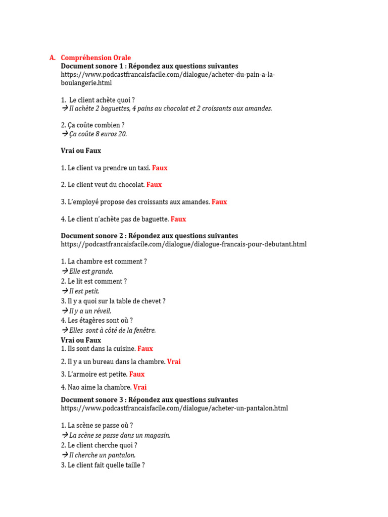 Compréhension orale et écrite A1-A2 | PDF