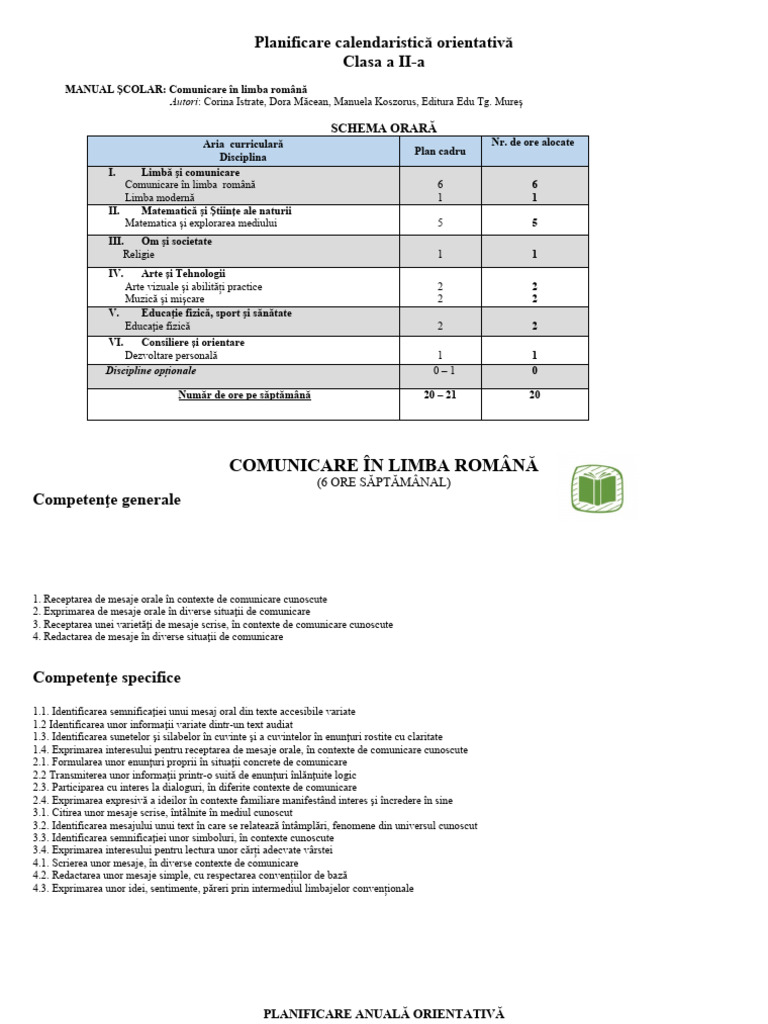 Planificare Calendaristica Manual CLR Clasa A II-A Editura EDU 2023 - 2024 | PDF