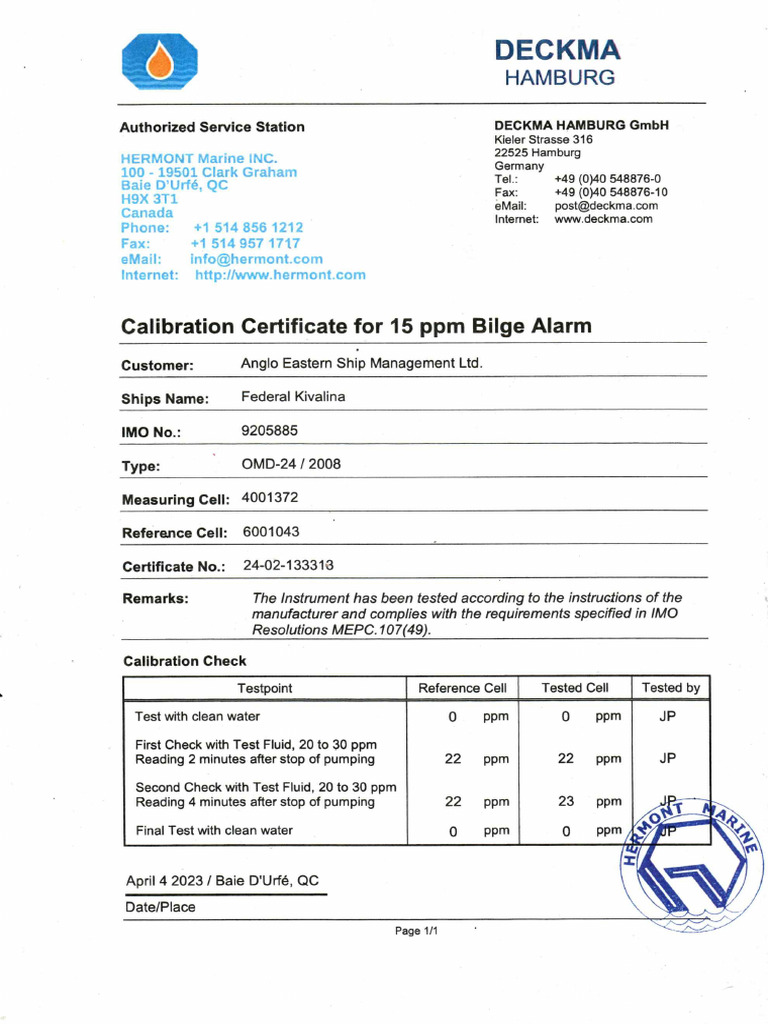 C.4.1a - OWS 15 PPM Calibration Certificate | PDF
