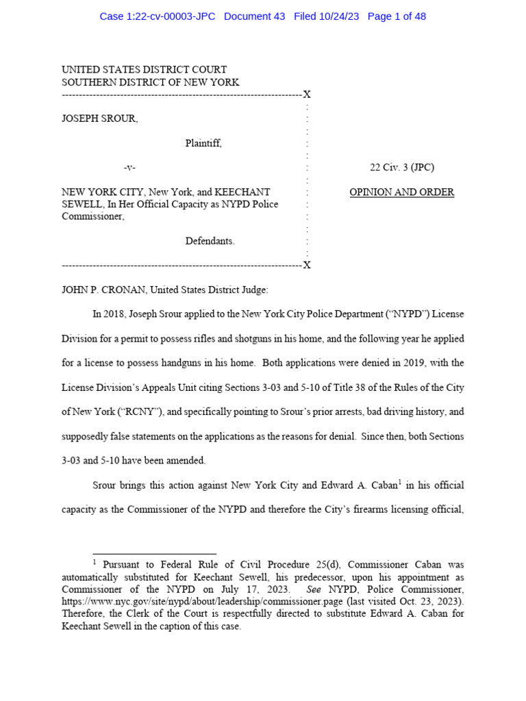 Srour v. NYC. Ruling by Judge John P. Cronan, 2023 | PDF | Facial ...