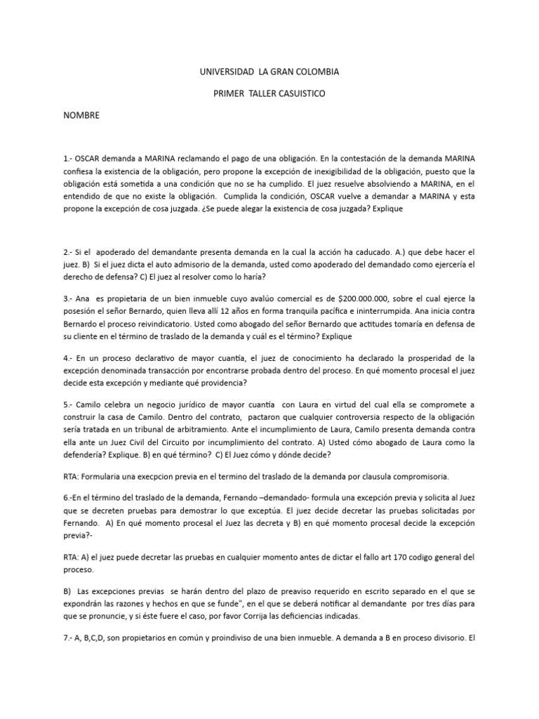 Taller Excepciones | PDF | Demanda judicial | Res Judicata