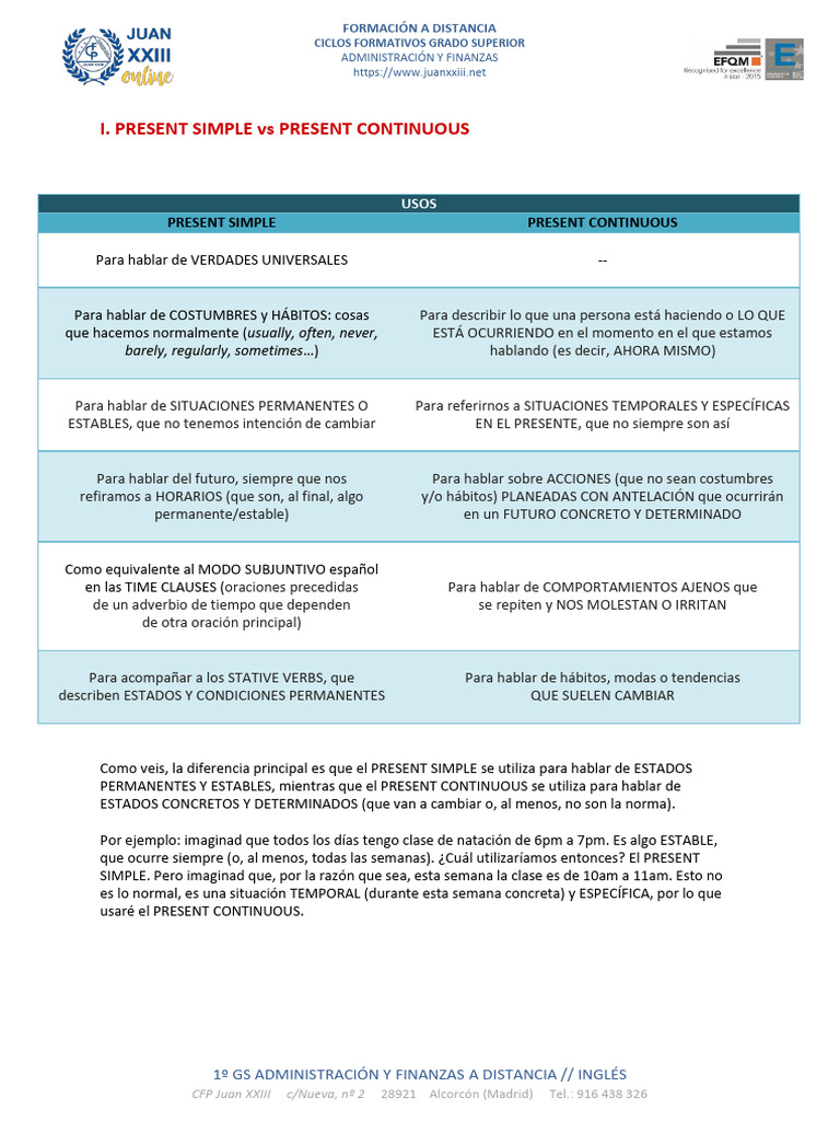 1º FINANZAS - 01 03 PRESENT SIMPLE Vs PRESENT CONTINUOUS Theory | PDF | Morfología Lingüística ...