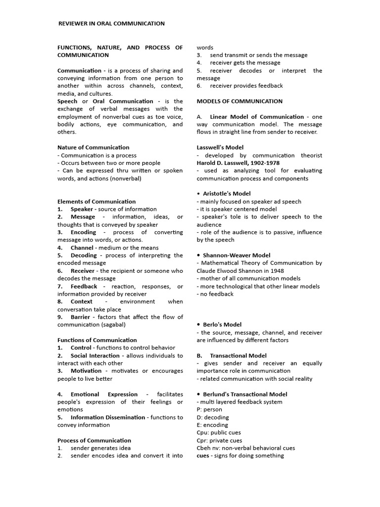Oral Comm Reviewer | PDF | Communication | Human Communication