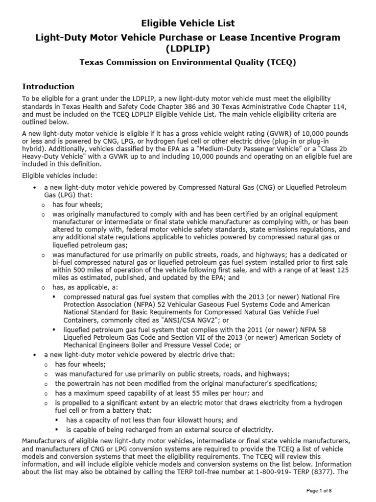 Texas List of Eligible Electric Vehicles For The TERP Grant | PDF ...