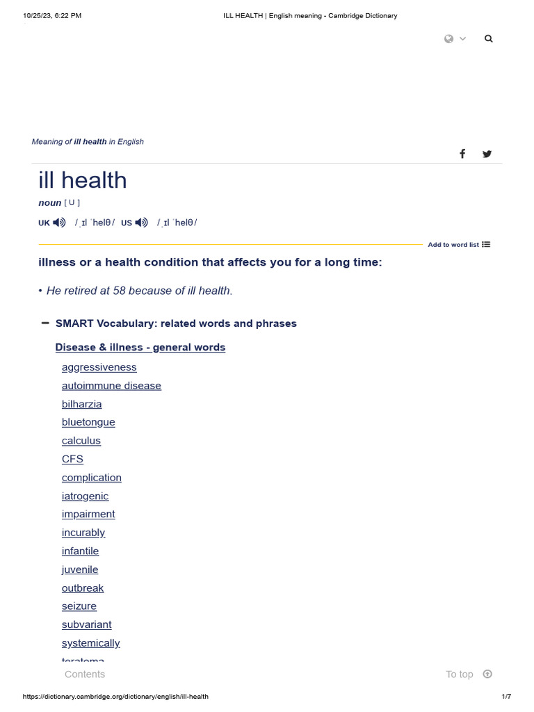 ILL HEALTH - English Meaning - Cambridge Dictionary | PDF | Chronic ...
