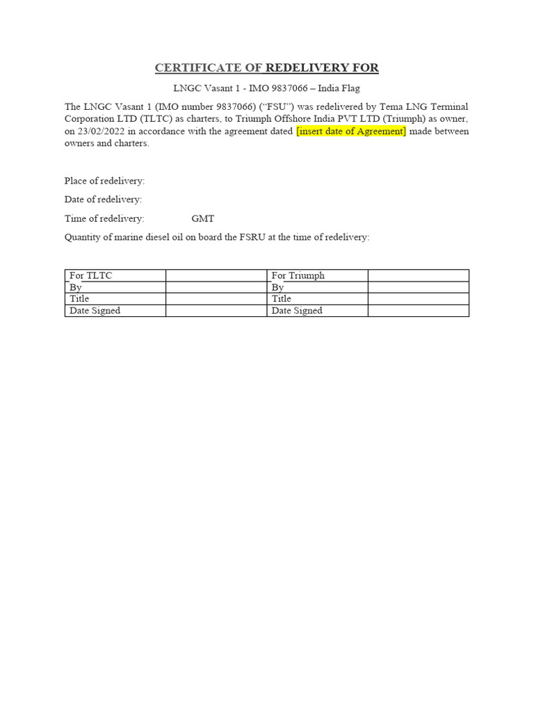 Certificate of Redelivery For Vasant 1 | PDF