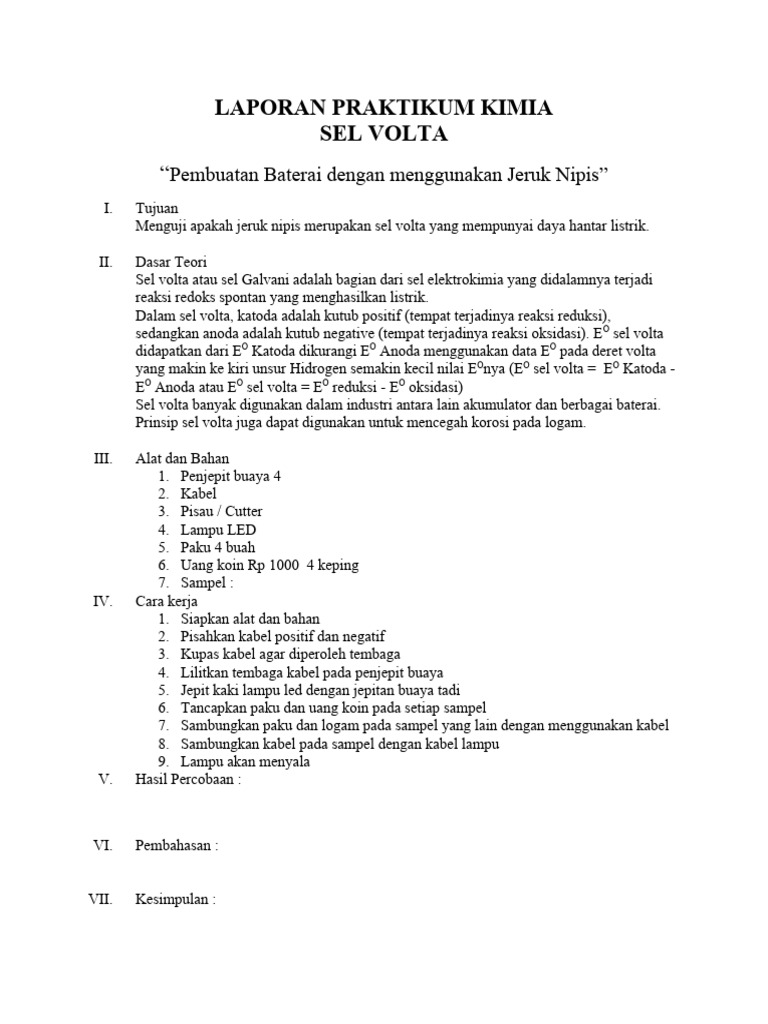 Laporan Praktikum Kimia Sel Volta | PDF | Griya & Taman | Teknologi & Rekayasa