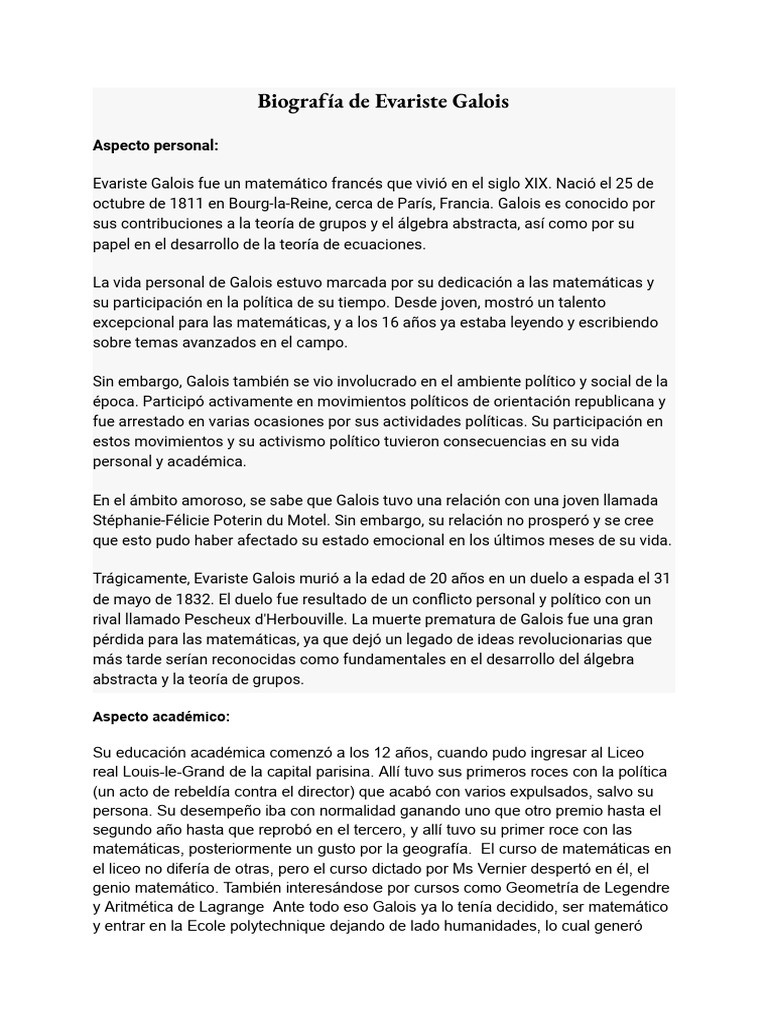 Biografpia de Evarist Galois | PDF | Matemática Elemental | Matemáticas