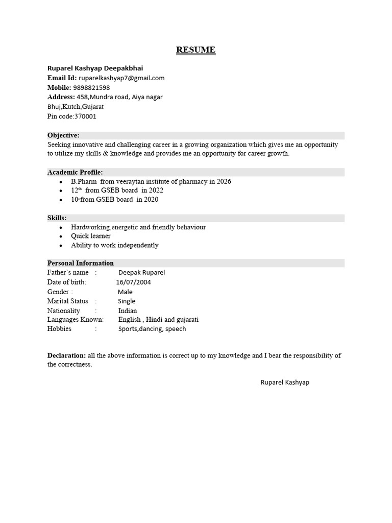 Simple Fresher Resume Format 5 | PDF