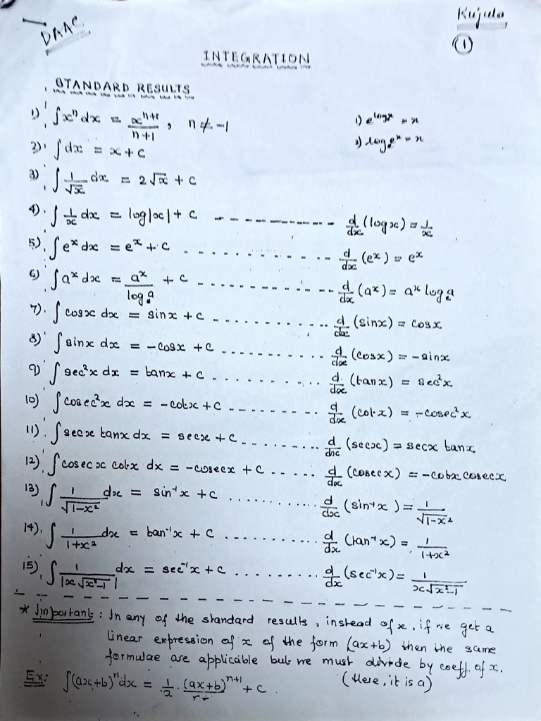 Integration Standard Formulas PDF Handwritten | PDF
