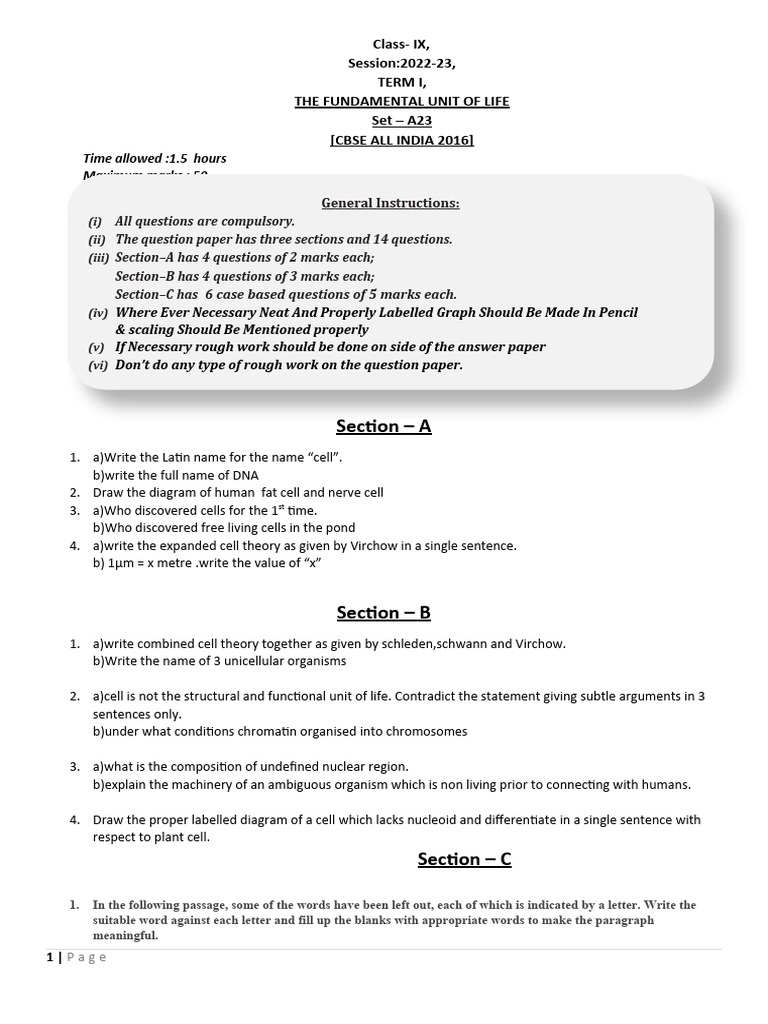 Cell Diagram Questions for Class IX | PDF