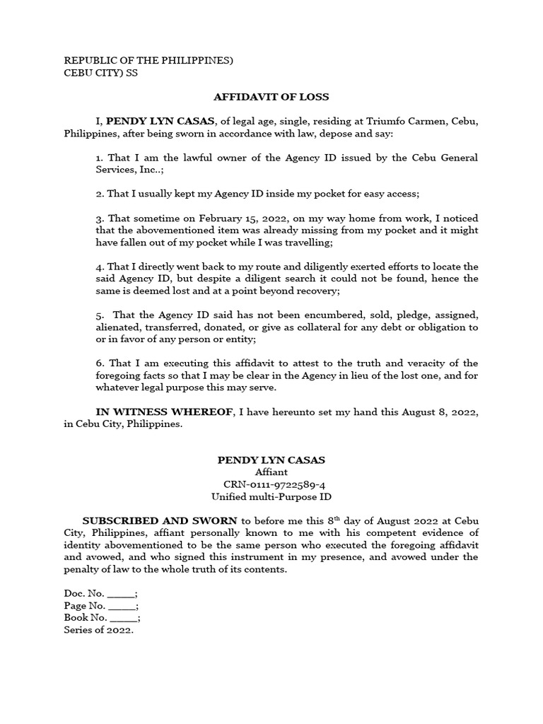 Affidavit of Loss AGENCY ID | PDF