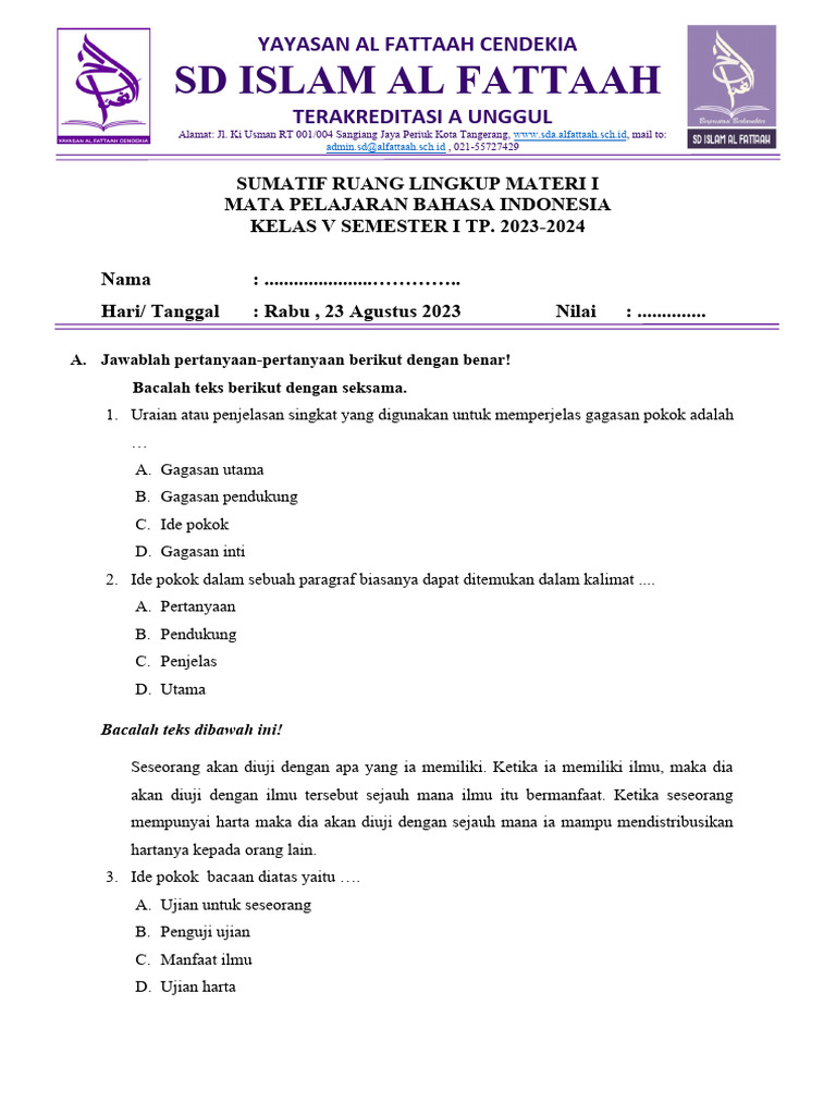 Soal - PH BINDO - KELAS - 5 | PDF