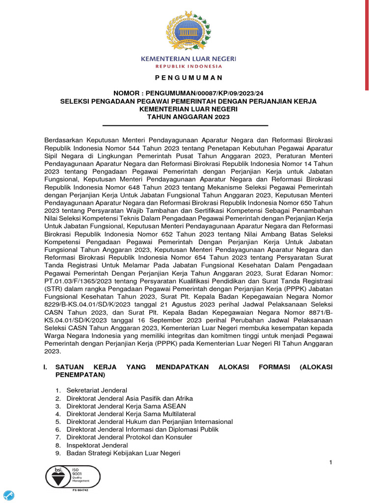 Ini Loh Pengumuman Pembukaan PPPK Kemlu TA 2023-Signed-Rev | PDF