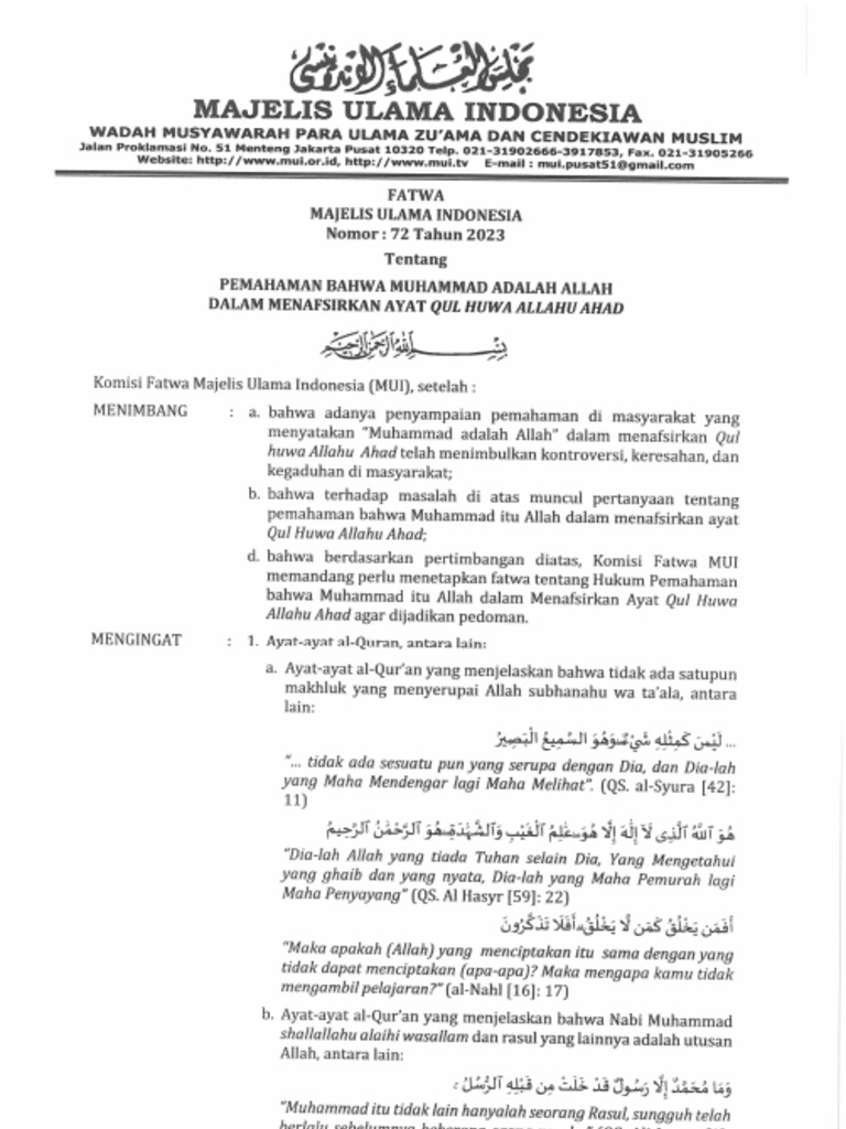 Fatwa MUI No 71 Tentang Pemahaman Muhammad Adalah Allah Dalam ...