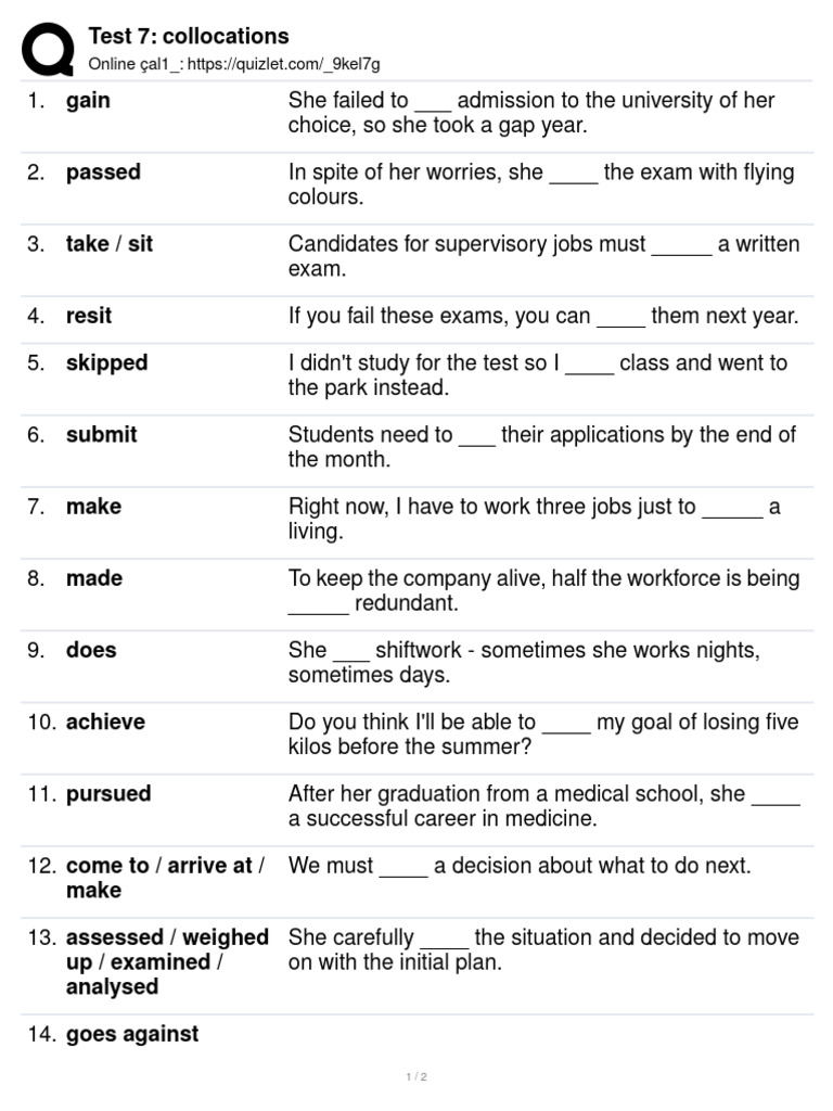Collocations Test: Key Phrases Practice | PDF | University And College ...