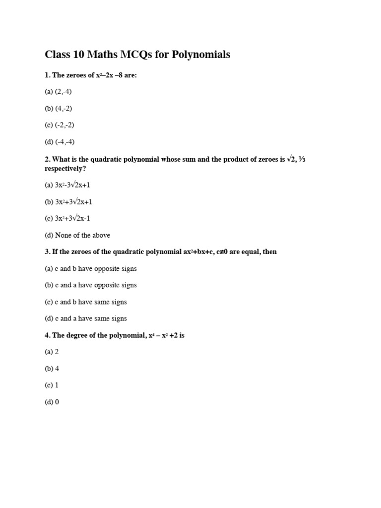 MCQ Uestion On Polynomials | PDF | Polynomial | Zero Of A Function