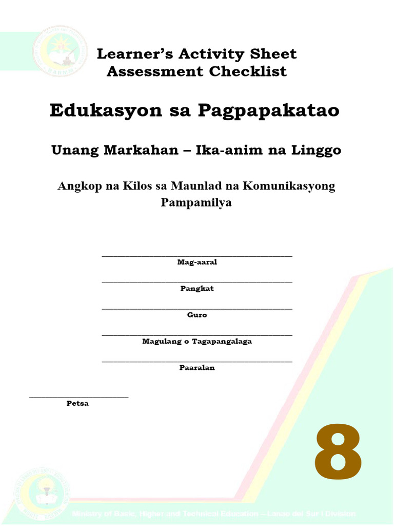 Edukasyon Sa Pagpapakatao: Learner's Activity Sheet Assessment Checklist | PDF