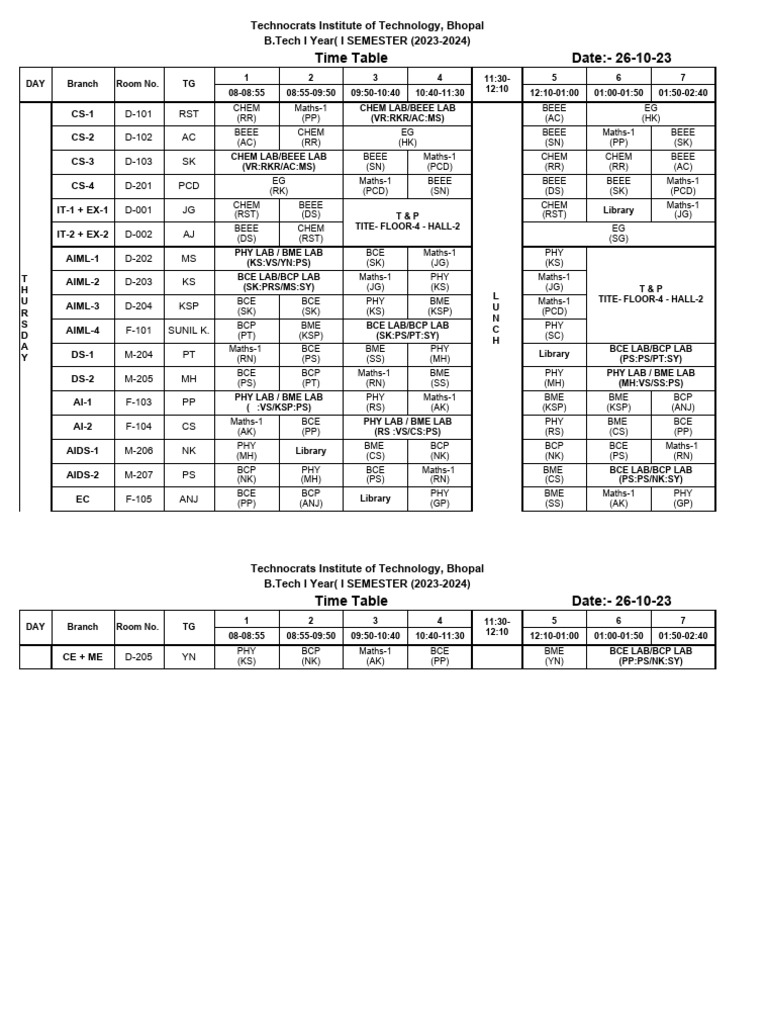 Thursday Time Table 2023-24 | PDF