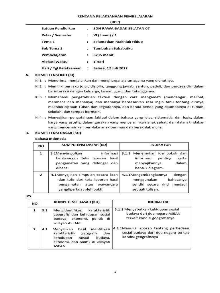 RPP Kelas 6 SD K13 Tema 1 | PDF