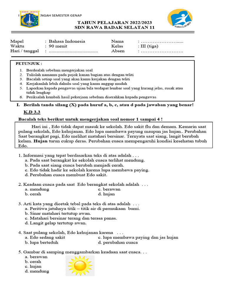 Soal PTS B.indo Kelas 3 Genap | PDF