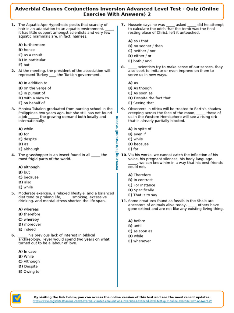 354 Adverbial Clauses Conjunctions Inversion Advanced Level Test Quiz ...