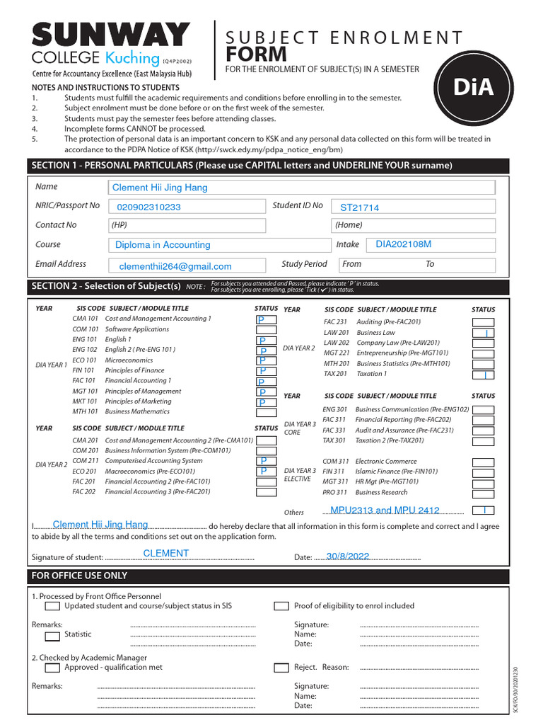 SCK FO 30 20201230 DIA Enrolment Form | PDF | Accounting | Business