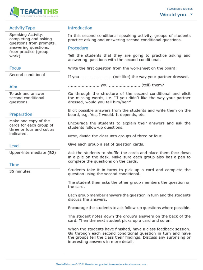 2nd Conditional Speaking Activity Pdf 5125