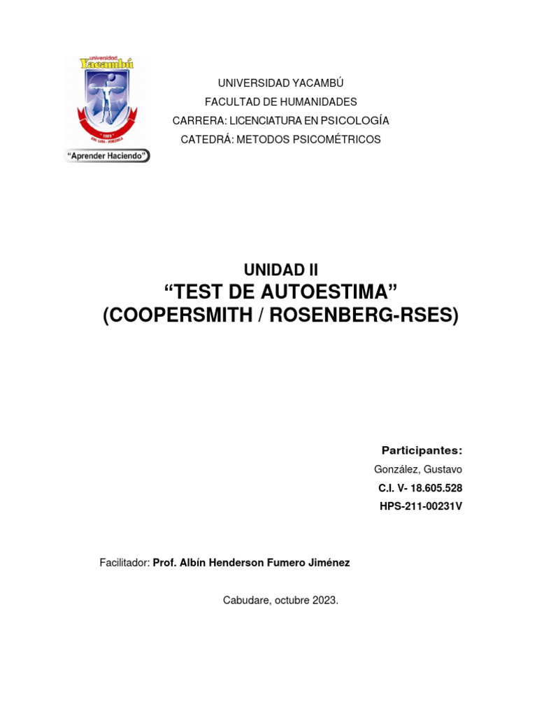 Test Autoestima COOPERSMITH - ROSENBERG Gustavo Gonzalez | PDF ...