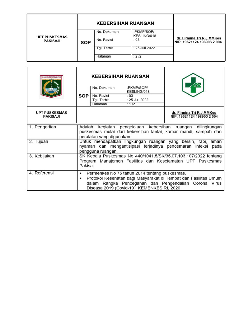 SOP Kebersihan Ruangan Puskesmas | PDF
