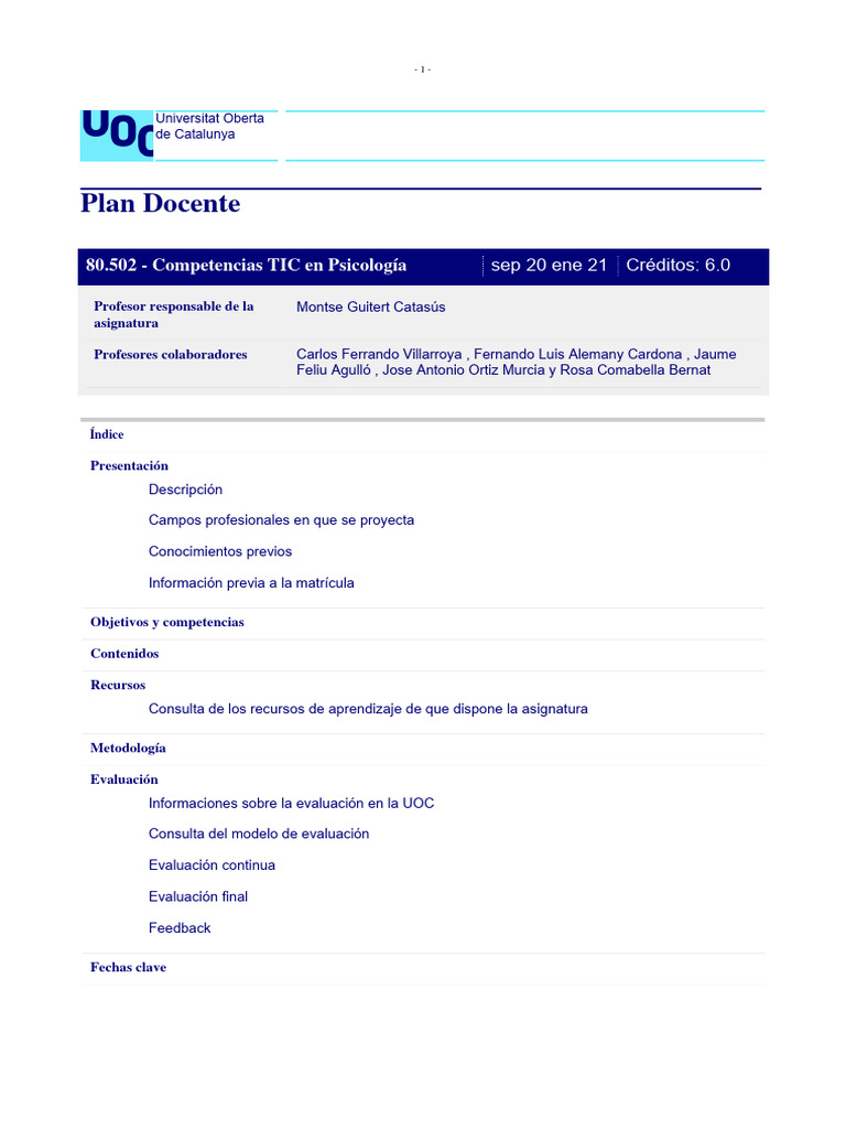 Plan Docente TIC UOC | PDF | Evaluación | Tecnología de información y comunicaciones