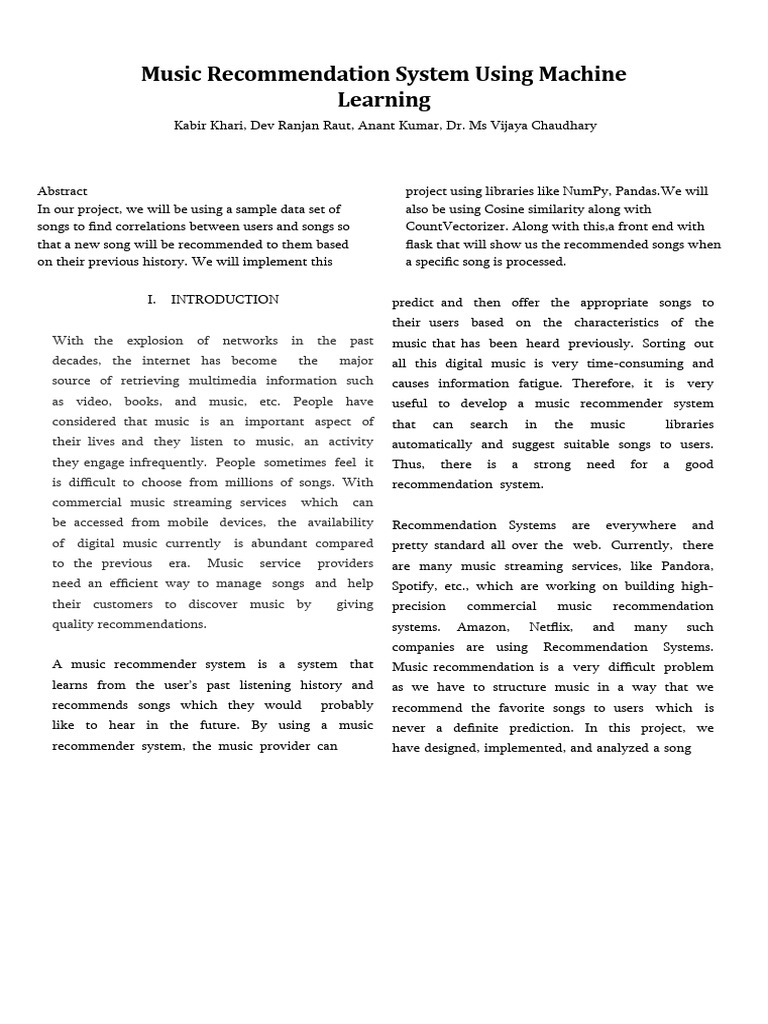 Music Recommendation System Using Machine Learning | PDF | Computer ...