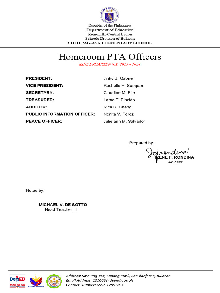 Kindergarten Homeroom PTA Officers 2023 2024 | PDF