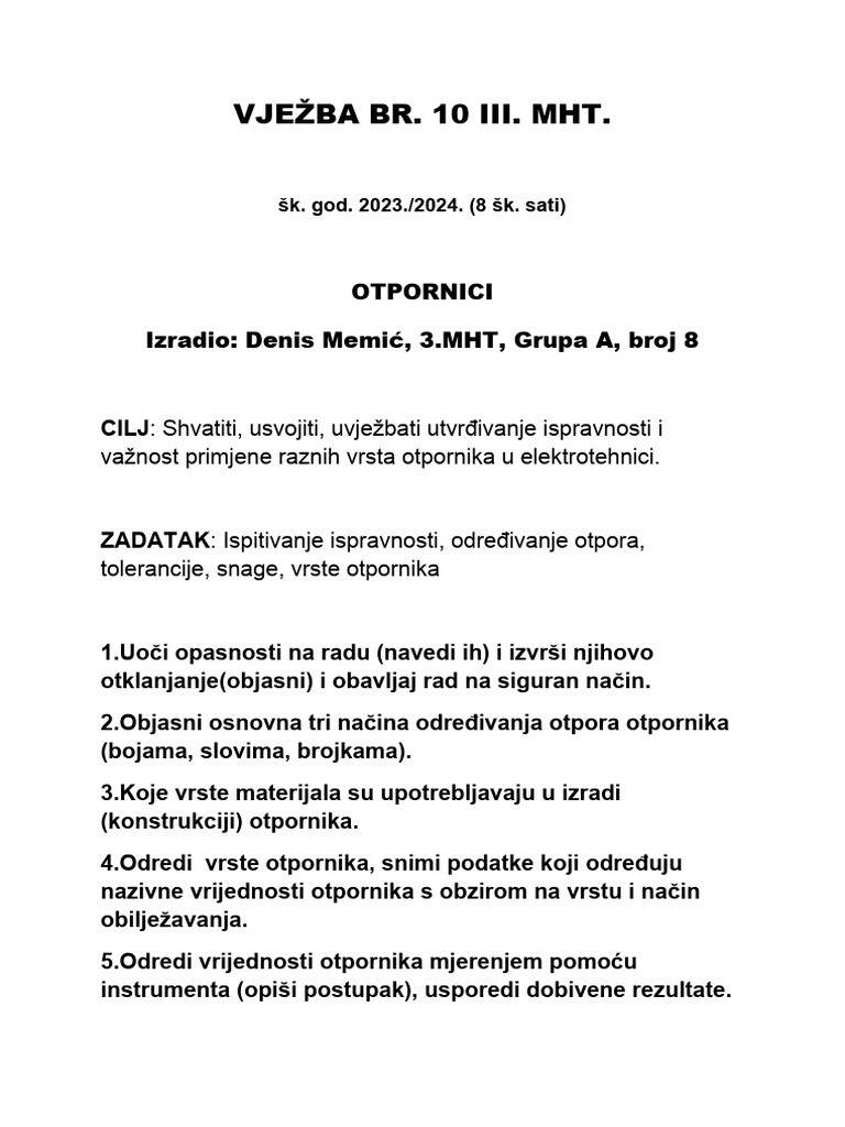 Denis Memic Otpornici, Vjezba 1 | PDF