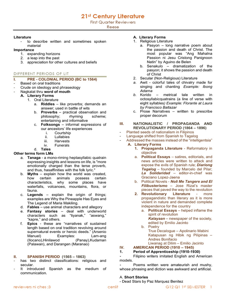 Cen Lit Reviewer Ni Ches 1st Quarter | PDF | Biography | Word Cen Lit Reviewer Ni Ches 1st Quarter | PDF | Biography | Word